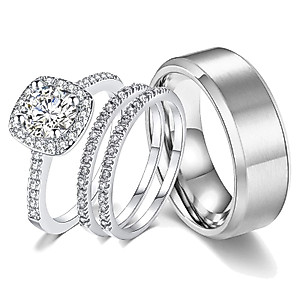 18k White Gold Plated Wedding Ring Sets for Him and Her Women Men Titanium Stainless Steel Bands 2Ct Cz Couple Rings Size 9&7