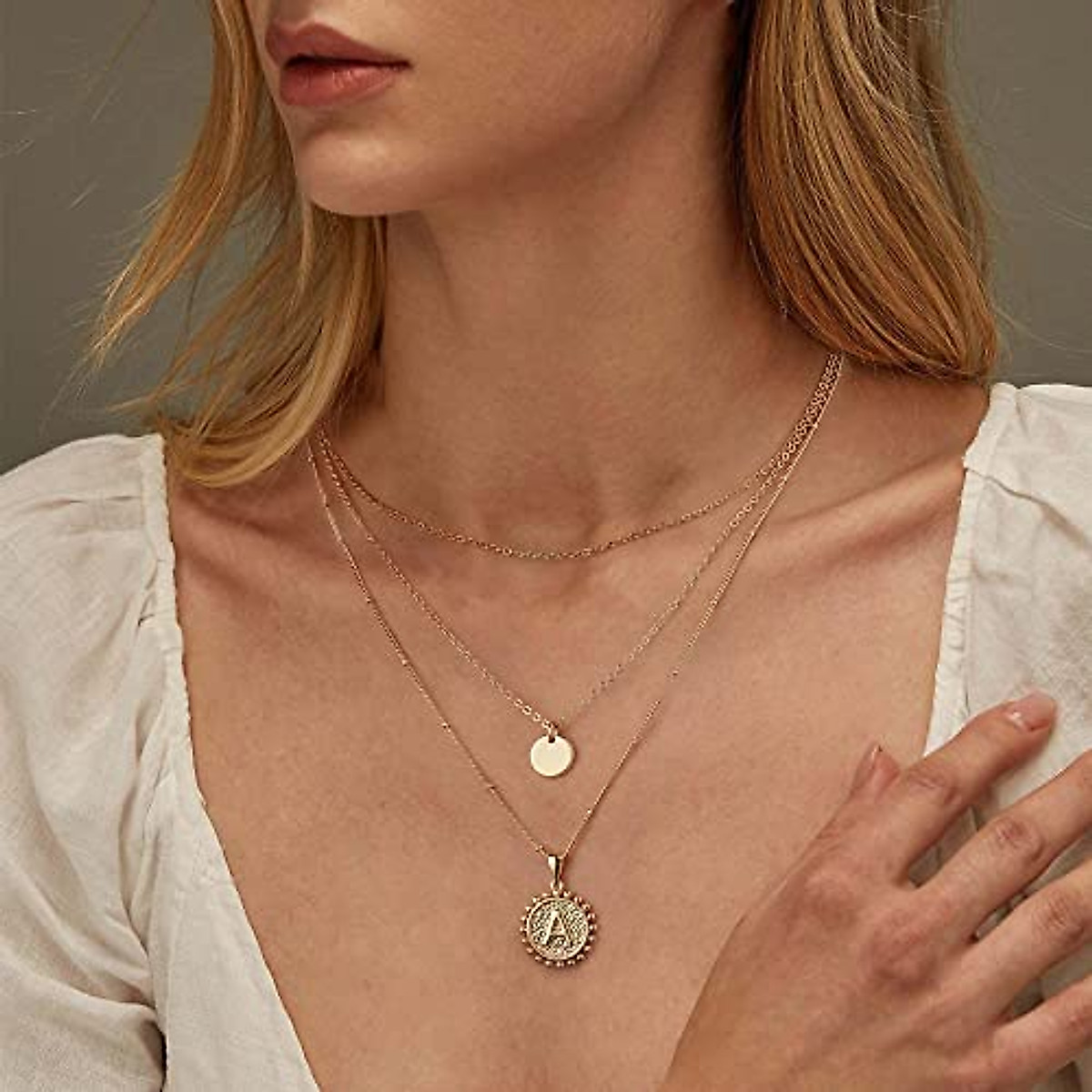 Layered Necklaces for Women Trendy, 14K Gold Plated Layering Disc Choker Necklace Handmade Letter A Pendant Coin Initial Necklaces for Women Layered Gold Necklaces for Women Gold Jewelry for Women
