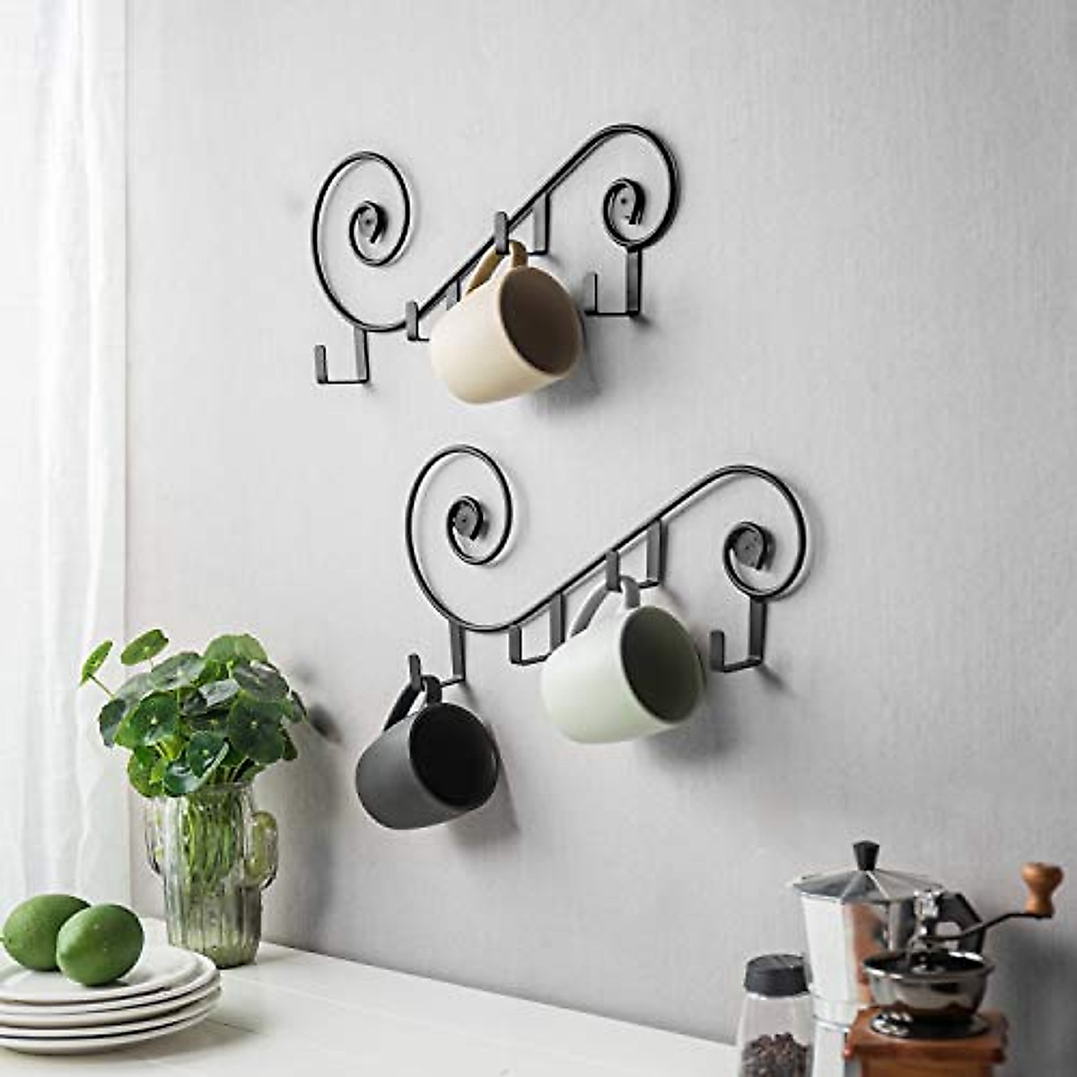MyGift Set of 2 Vintage Scrollwork Design Wall Mounted Metal Mug Hook Air Drying Rack, Black