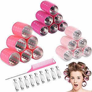37 Pcs Aluminum Thermal Hair Rollers Set 3 Sizes Self Grip Hair Rollers 18 Pcs Duckbill Clips, Comb Hairdressing Styling Tool, Random Color for Women, Men(1.1,Pink Series)