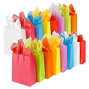 Moretoes Gift Bag Bulk 32pcs Party Favor Bags with Tissue Paper, 8 Colors Kraft Paper Bags, Goodie Bags Bulk with Handles for Baby Shower, Birthday, Shopping and School Party Supplies