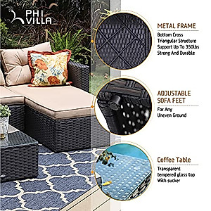 PHI VILLA Patio Sectional Wicker Rattan Small L-Shaped Outdoor Furniture Sofa Set Clearance with Upgrade Rattan (3 Piece,Beige)