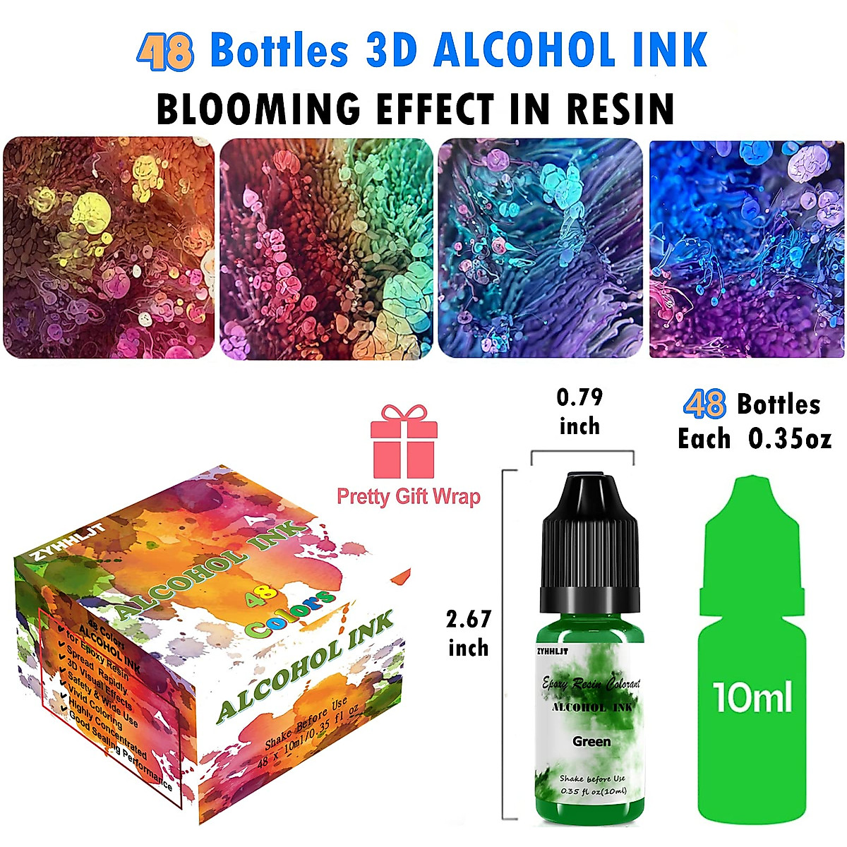 Alcohol Ink Set – 48 Bottles Vibrant Colors High Concentrated Alcohol-Based Ink, Concentrated Epoxy Resin Paint Colour Dye, Great for Painting,Resin Petri Dish, Coaster,Tumbler Cup Making,(10ml Each)