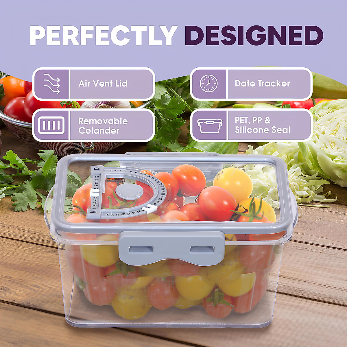 Frovita 3PCS Fruit Containers for Fridge - Airtight Fruit Storage Containers for Fridge with Lids and Strainers - Food Organizer Containers Colander with Built in Month and Date Tracker