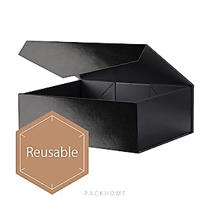 PACKHOME Gift Box 13.5x9x4.1 Inches, Large Gift Box with Lid, Groomsman box, Sturdy Gift Box, Collapsible Gift Box with Magnetic Closure (Glossy Black, Grass Texture)