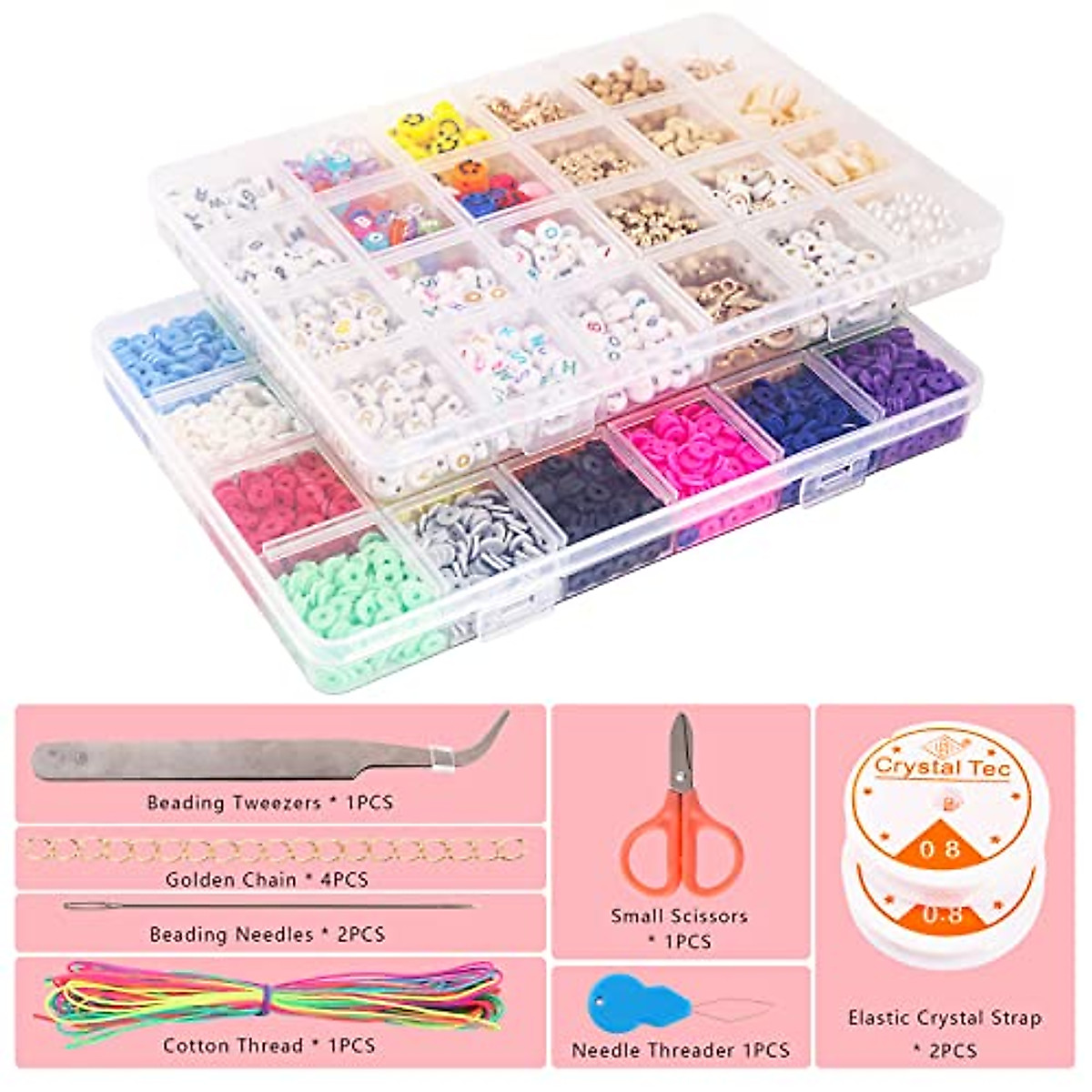 JOJANEAS Clay Beads for Bracelet Making Kits, 24 Colors 7200 Pcs Flat Round Polymer Heishi Beads, A-Z Smiley Letter Beads, Strings for Jewelry Making Kit Bracelets Necklace Gift for Girls 6-12