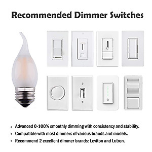 OPALRAY C35 6W(60W Incandescent Replacement) LED Candelabra Bulb, LED Filament Bulb with E26 Medium Base, Soft Warm White Light, Eye-Protect Frosted Glass Housing, Dimmable, Flame Tip, 5-Pack