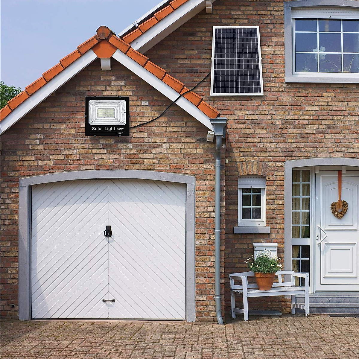 BRILLIHOOD LED Solar Flood Light, 100W, 5000 LM, 6500K, Outdoor Dusk to Dawn Security Light IP67 Waterproof Street Light with Remote Control for Lawn, Yard, Garden, Gutter, Swimming Pool, Pathway