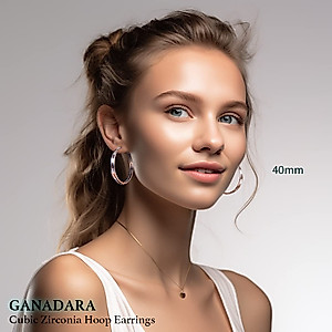 GANADARA Cubic Zirconia Hoop Earrings for Women - 14K Gold Plated 925 Sterling Silver Shiny Wide Round Hoop Earrings (Silver)