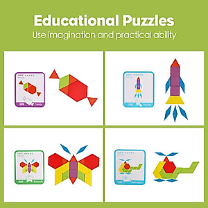 Wooden Pattern Blocks Set 155 Pcs Geometric Shape Puzzle Kindergarten Tangram Brain Teasers Early Educational Montessori for Kids Ages 3-8 with 24 Pcs Design Cards