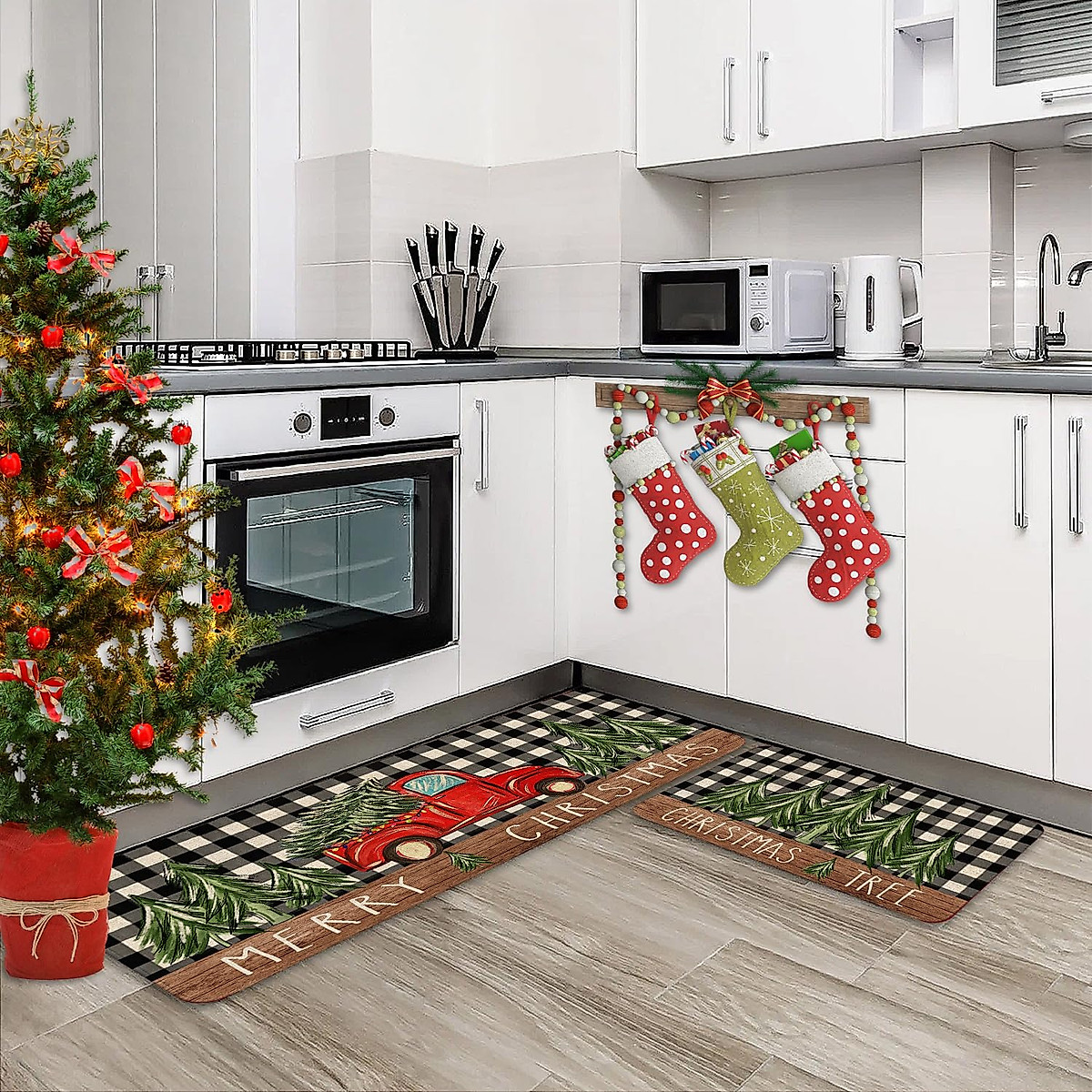 Eikunn Christmas Kitchen Rugs Set of 2,Red Truck Christmas Tree Kitchen Mat for Floor,Winter Holiday Non-Slip Washable Kitchen Sink Mats Kitchen Decor Doormat+Runner Rug