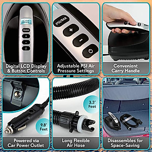 SereneLife Inflatable Stand Up Paddle Board (6 Inches Thick) with Premium SUP Accessories & Carry Bag + Serene Life Digital Electric Air Pump Compressor - 110W 12 Volt Quick Air Inflator