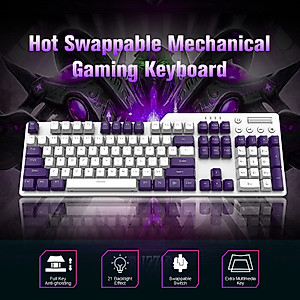 Mechanical Gaming Keyboard Hot Swappable with Multi Monochromatic Backlight 104Key Anti-ghosting Ergonomic Metal Plate Multimedia Key USB Wired for PC Mac Gamer Office Typist(Purple White/Blue Switch)