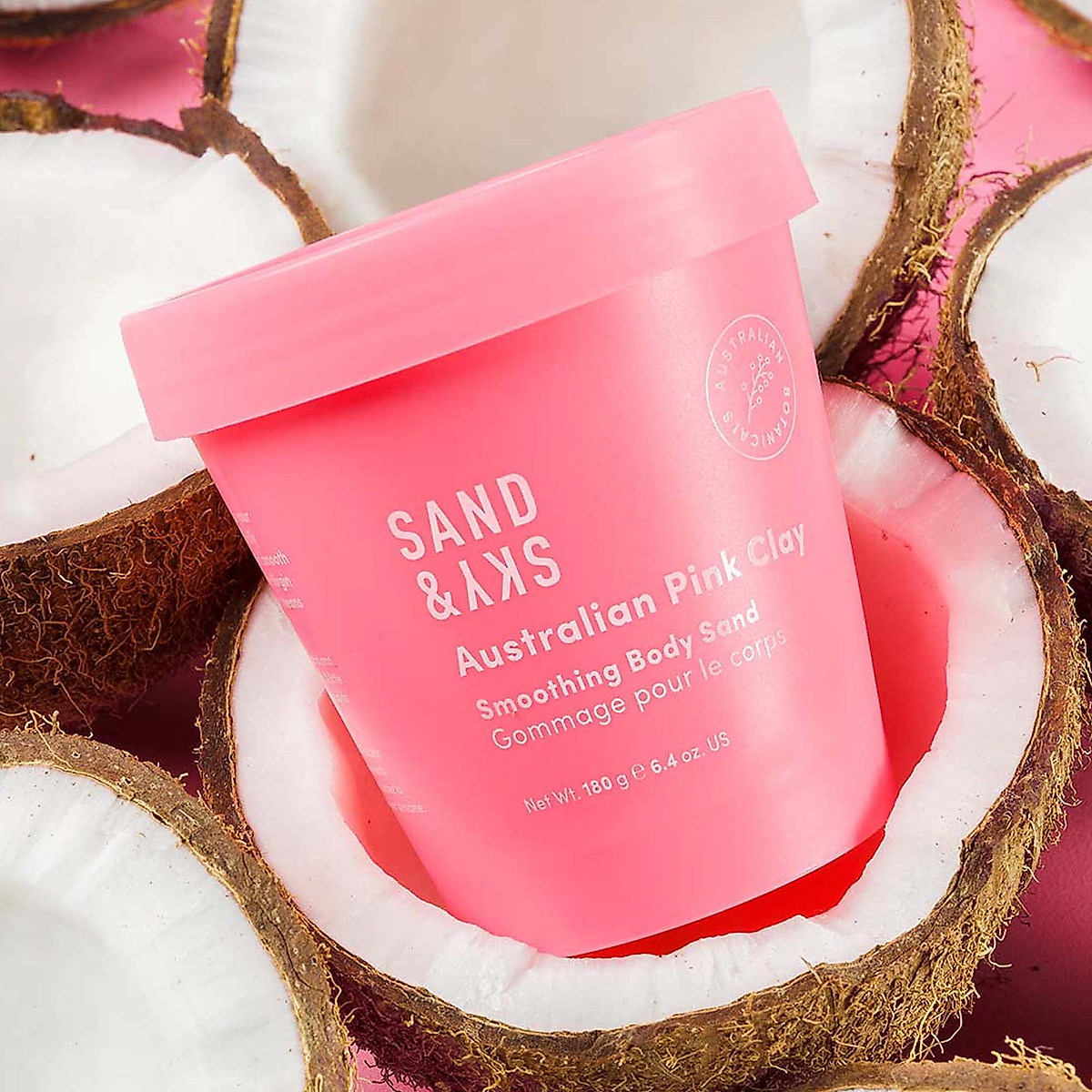 Sand & Sky Australian Pink Clay Smoothing Body Sand. Organic Exfoliating Body Scrub