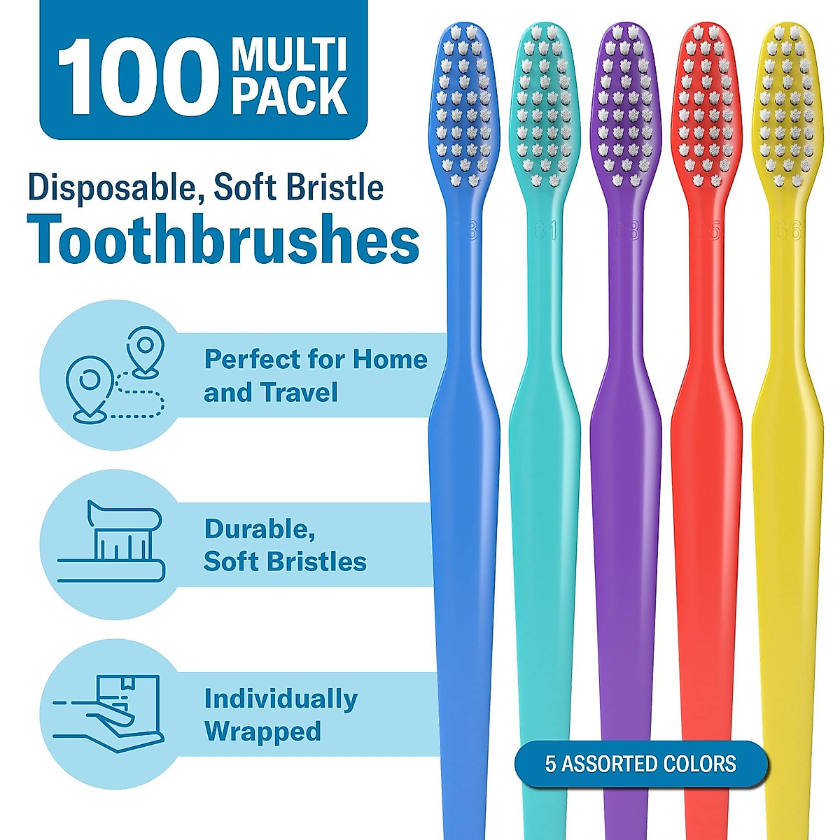 Blasting Health 100 Pack Disposable Medium Soft Bristles Bulk Toothbrushes - Individually Wrapped (Plain)
