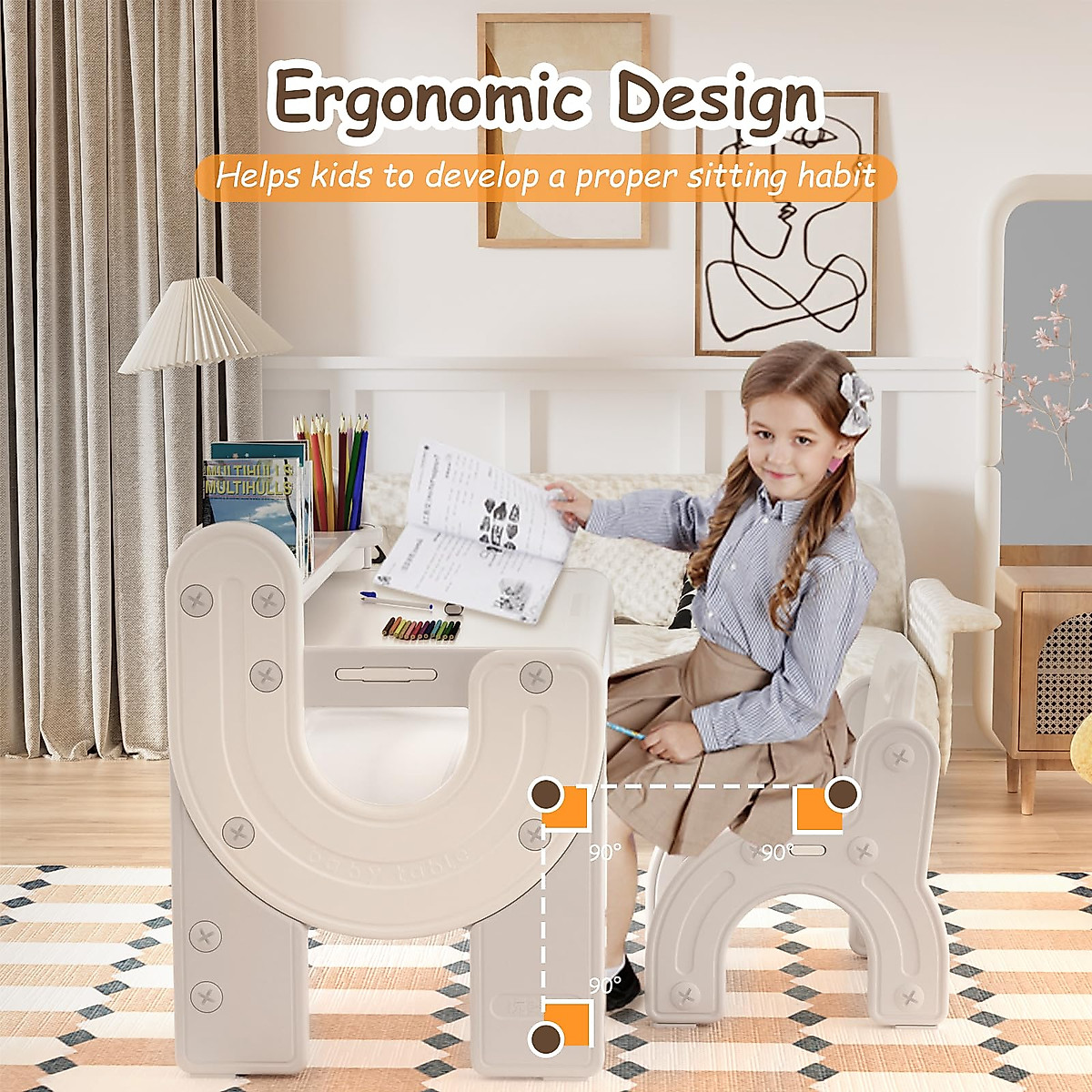 hoopyosms Kids Drawing Table and Chair Set with Erasable Tabletop & Watercolor Pens Toddler Furniture with Storage Shelf for Art, Reading & Play for Boys & Girls, Grey