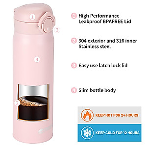 MUCR 17 oz / 500 ml Insulated Water Bottle, Stainless Steel Thermo Coffee Travel Mug, Thermal Cup with Snap Flip Lid, BPA Free for Hot and Cold Drinking, Pink