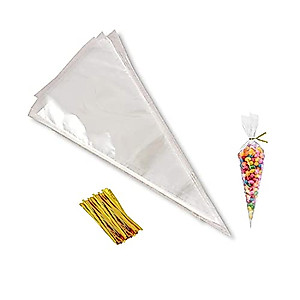 Dzrige 100 Pieces Transparent Cone bags,Clear Triangle Bags,Plastic Cone Bags with Gold Twist Ties,Plastic Treat Bags for Easter Christmas Party Favor,Wedding,Cookies,Candy,Chocolates,Popcorn,Craft Gifts - 5.1" x 9.8"