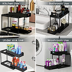 HOMEELLO Under Sink Organizers and Storage Bathroom, 2 Tier Double Sliding Under Cabinet Organizer with 4 Hooks, 1 Hanging Cup, A Complete Bathroom Organizer Under Sink