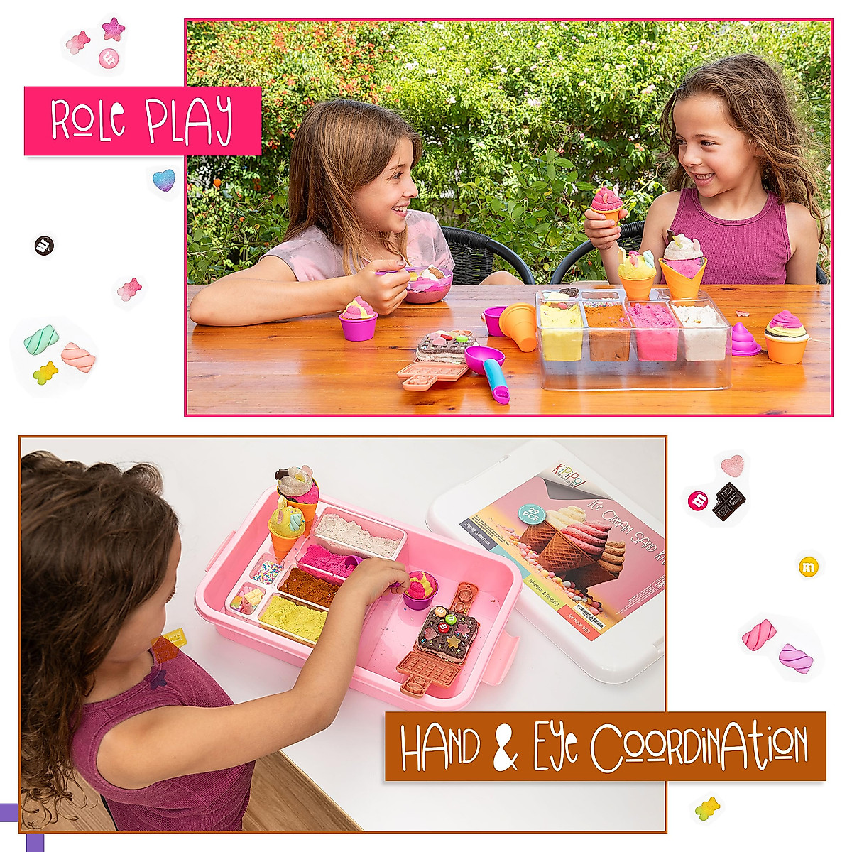 Kipipol Sensory bin - 29 pcs Ice Cream Toy Shop Play Sand Kit with 9 Ice Cream Sand Toys, 1.7 LB Moon Sand for Kids, Sandbox with A Lid - Pretend Play Sensory Toys for Girls and Boys age 3-5 and Up