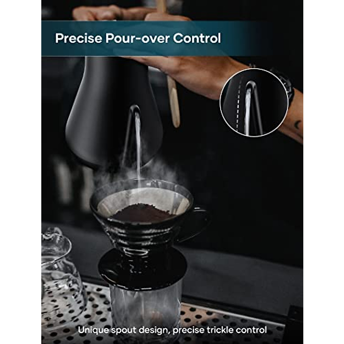 Electric Kettle, INTASTING Professional Electric Gooseneck Kettles, 0.65mm Ultra-Slim Spout, Precise Water Flow Control, 304 Stainless Steel Inner, 0.8L, Auto Shut-Off, Boil Dry Protection, Black