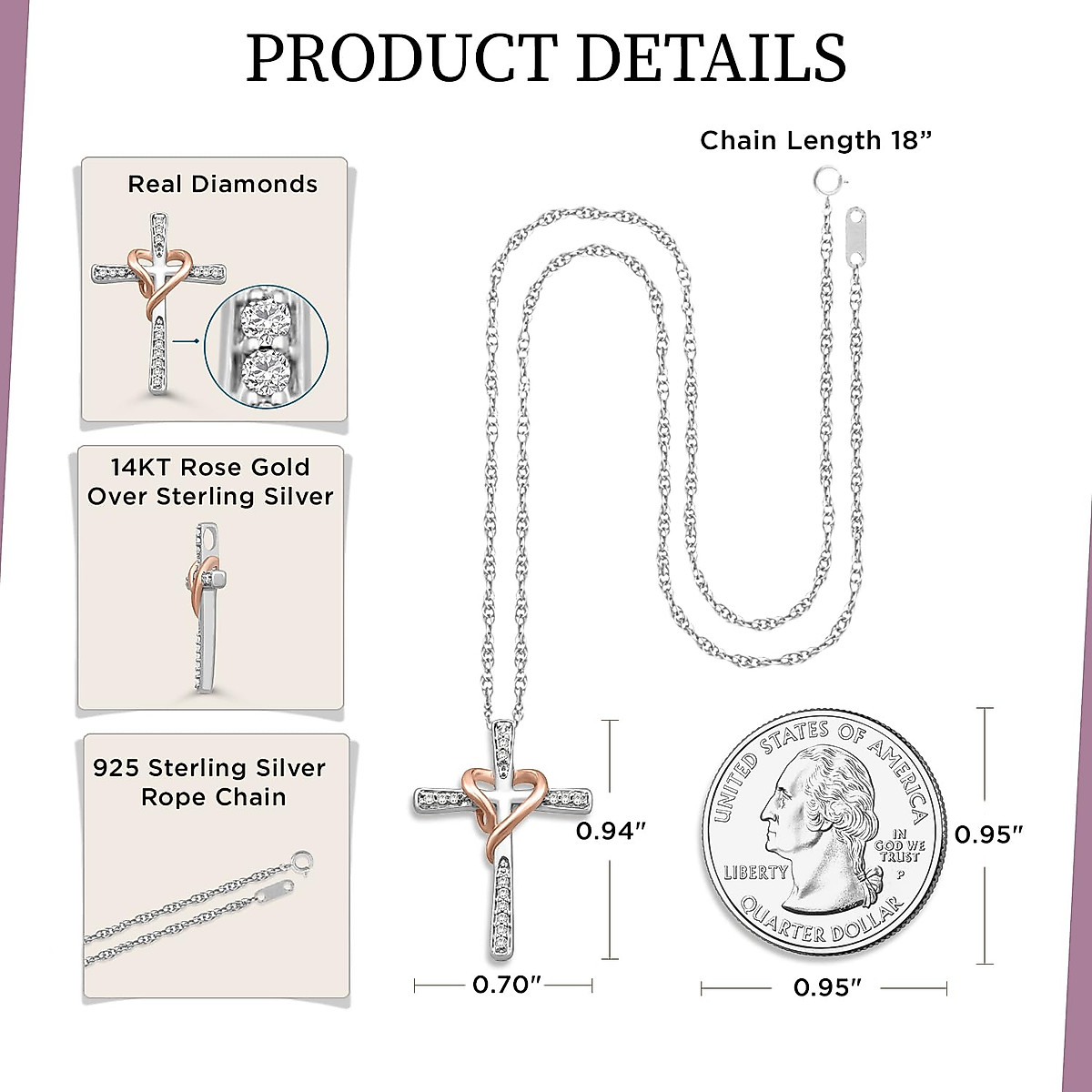 Jewelili Cross Heart Necklace Pendant in Rose Gold Over Sterling Silver with 1/10 CTTW Natural White Round Diamonds and 18 inch Rope Chain