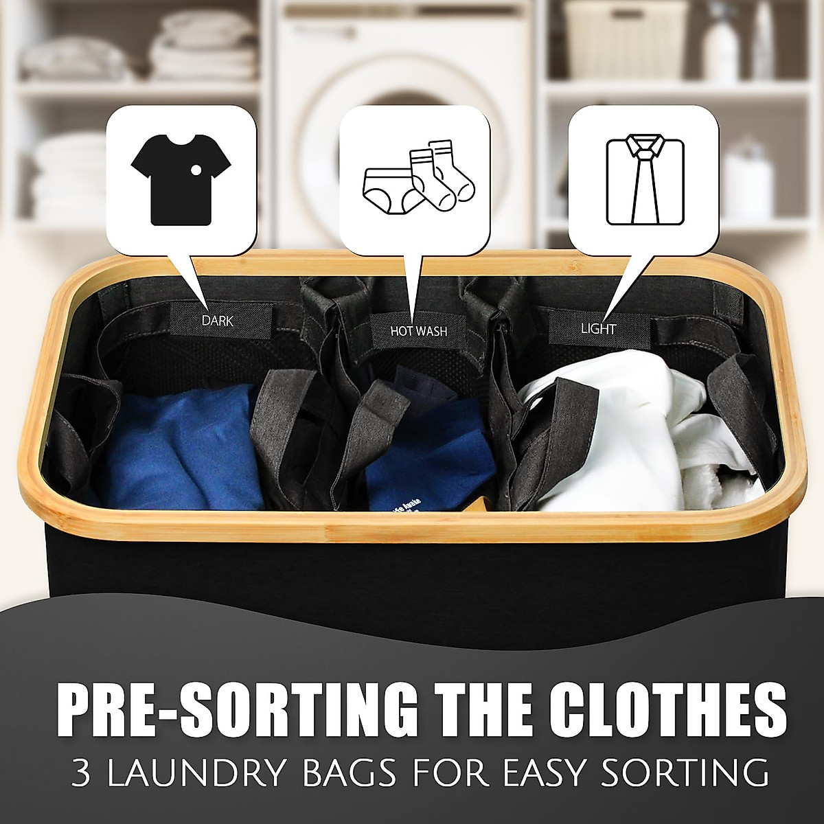 Hampers for Laundry Basket with Lid, 160L Extra Large 3 Section Clothes Divided Organizer for Bedroom, Laundry Room, Dirty Clothing Hamper, Black