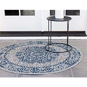 Unique Loom Outdoor Traditional Collection Area Rug - Timeworn (5' 3" Round, Blue/ Gray)