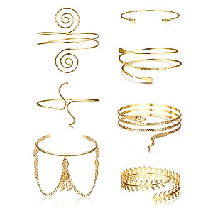 FIBO STEEL 7 Pcs Gold Plated Arm Cuff Upper Arm Band Cuff Bracelet Armband Set Adjustable Simple Coil Bangle for Women