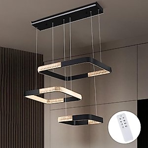Dimmable Modern 70W LED Crystal Island Light with Remote 3 Color 3000K-6000K Adjustable 3 Black and Gold Square Rings Pendant Lighting for Modern Pendant Light for Dining Room Living Room