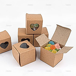 AUEAR, 50 Pack of Kraft Gift Boxes with Clear Plastic Heart Window 2x2x2 inch Treat Gift Boxes for Cake Candy Cookies Dessert