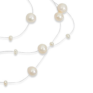 Shades of White Multi Strand Fishing Line Freshwater Cultured Pearl Illusion Necklace For Women Wedding Bridesmaid Formal Party