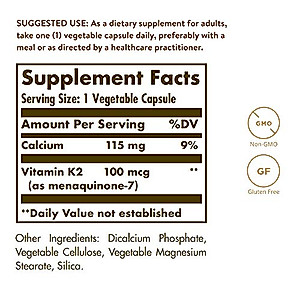 Solgar Vitamin K2 (MK-7) 100mcg, 50 Vegetable Capsules - Supports Bone Health - Natural Whole Food Source from Natto Extract - Non-GMO, Gluten Free - 50 Servings