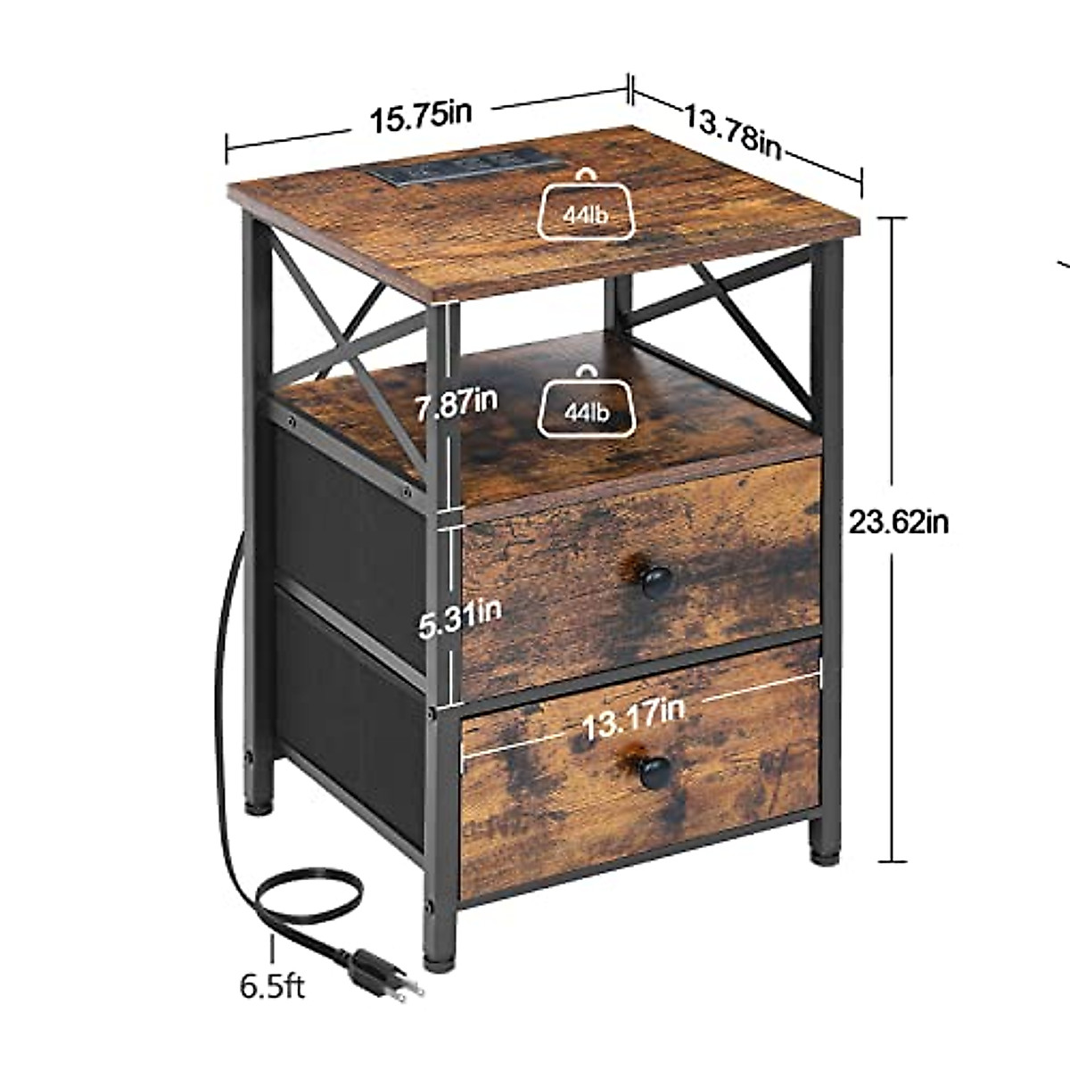 AMHANCIBLE End Table Living Room with Charging Station, Side Table with Fabric Drawer, Small Side Table with USB Ports and Outlets for Small Spaces Rustic Brown and Black HET05XBR1