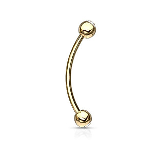 Forbidden Body Jewelry 16mm Surgical Steel Curved Barbell w/Gemmed Ends for Snake Eyes Tongue Piercing, Clear (Gold Tone)