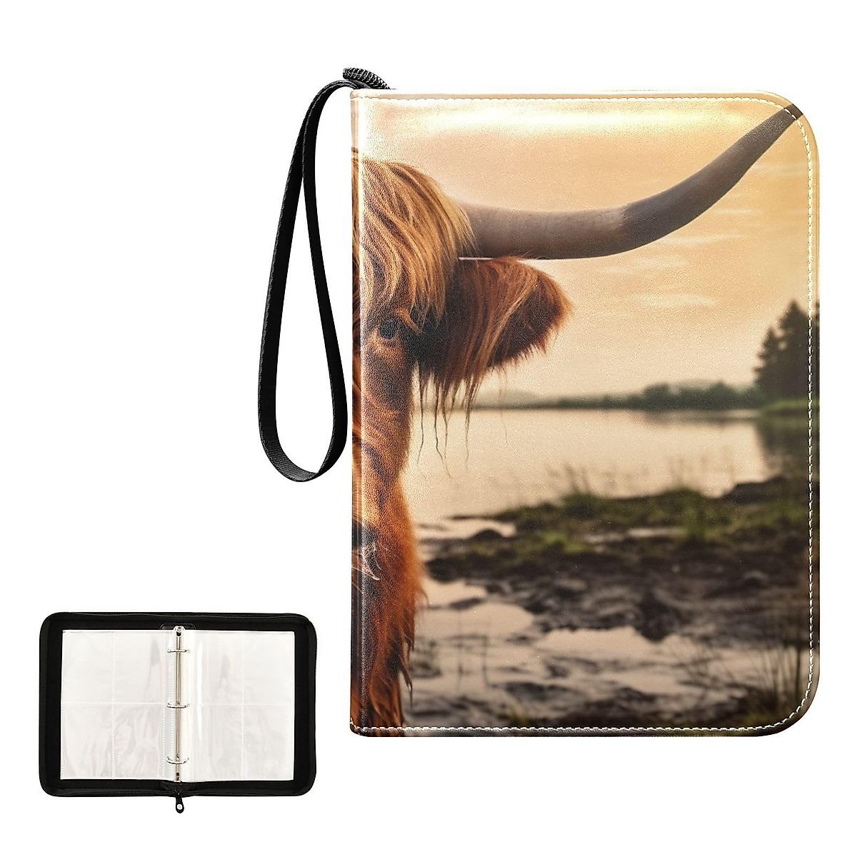 PYBUG Highland Cow Trading Card Binder with Nylon Strap 4-Pocket Waterproof PU Leather Card Collection Binder for 400 Cards Sturdy Card Holder Folders for Game Cards,Sports Cards