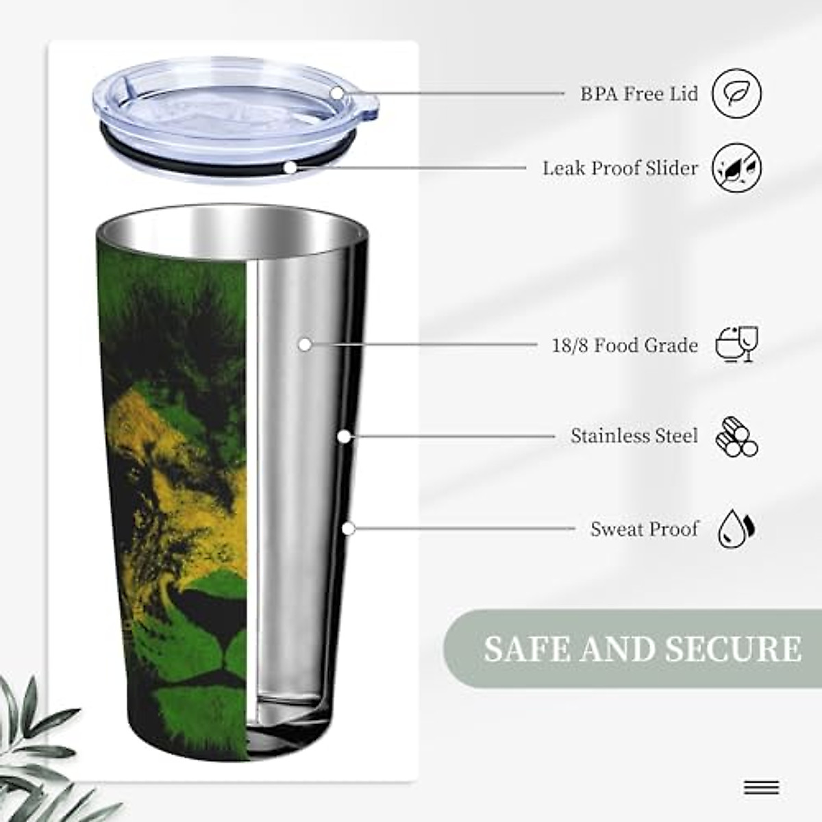 VKKOEWL Jamaican Flag Rasta Reggae Judah Lion Stainless Steel Insulated Tumbler 20 Oz Travel Water Bottle Coffee Mug Drink Cup With Lid Straw