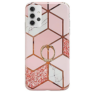 Qokey Compatible for Samsung Galaxy A32 5G Case(Not fit A32 4G),Bling Cute Flower Marble 360°Ring Holder Kickstand Soft TPU Shockproof Girls Women Cover Designed for Galaxy A32 5G 6.5" Rhombic Marble
