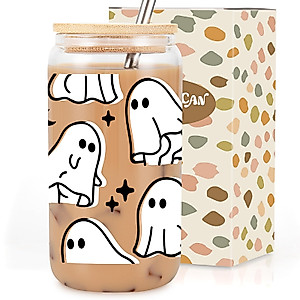 Coolife Funny Halloween Ghost Cup for Women, Cute Spooky Iced Coffee Cup, 16 oz Halloween Tumbler Glass Cups w/Lids Straws, Spooky Gifts for Her Teens, Boo Basket Stuffers, Halloween Gifts for Women