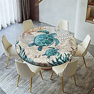 igoga sports Blue Green Ocean Animal Elastic Edge Table Cover Round, Turtle Fitted Tablecloth,Outdoor Picnic Patio Party or Indoor Canteen Dinner Dining Tables Decoration, Fits 28 to 32 inch Diameter