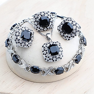 Jewelry Set for Women,Cubic Zirconia Tennis Necklace Ring Clips Earring Bracelet set Wedding Birthday Anniversary Engagement Gift For Wife Girlfriend Friend Bridal (Black)