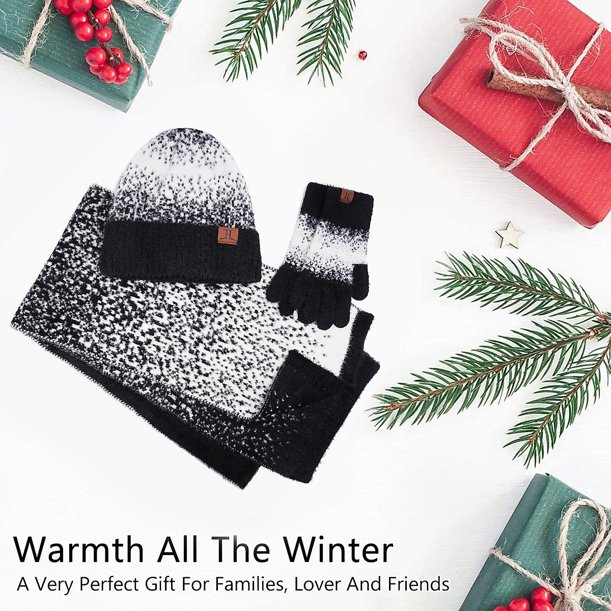 Womens Winter Knit Beanie Hats and Touchscreen Gloves Long Scarf Set with Warm Fleece Lined Skull Caps Gloves Scarves for Women