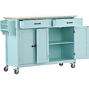 GLANZEND Kitchen Island Cart on Locking Wheels with 4 Cabinet and 2 Drawers, Rolling Coffee Bar Trolley w/Solid Wood Tabletop, Adjustable Shelves, Spice & Towel Side Rack,Mint Green, 54.3 Inch