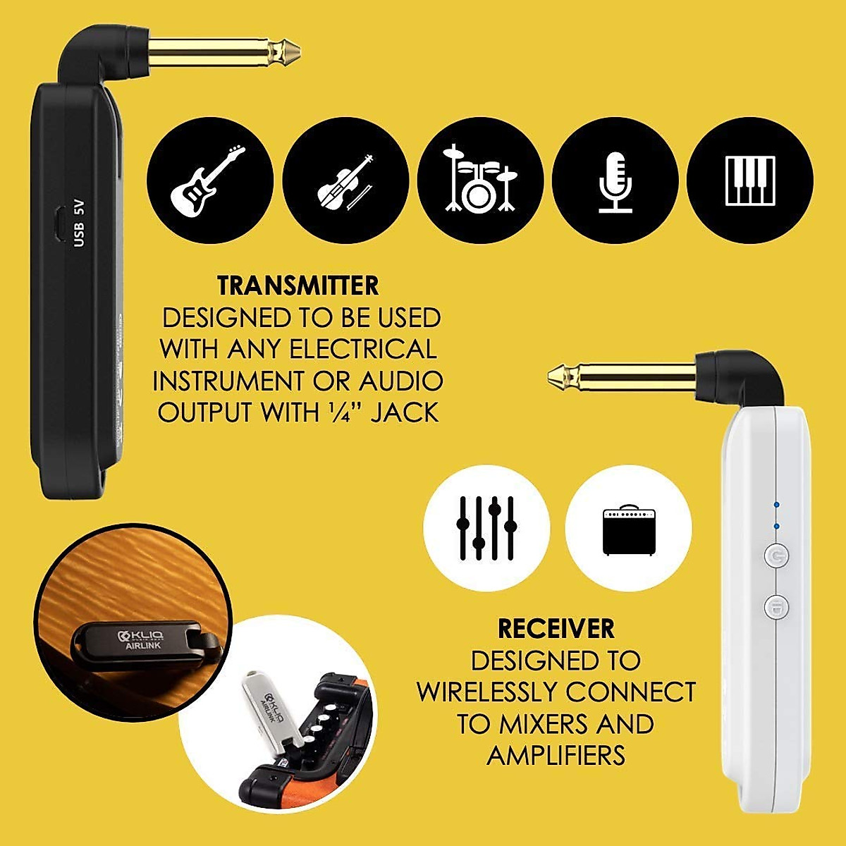 KLIQ TinyTune Pro Stage Tuner Pedal for Guitar and Bass and KLIQ Airlink 5.8 GHz Rechargeable Wireless Audio Guitar System Digital Transmitter/Receiver Set