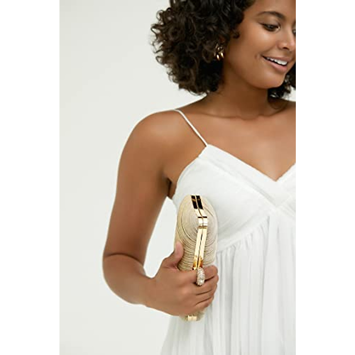 iWISH Womens Golden Glitter Clutch Purse Pleated Evening Bag for Bridal Wedding Party with Rhinestone Ring