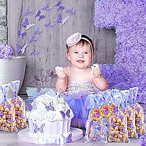 100 Pieces Butterflies Cellophane Goody Bags Plastic Butterfly Candy Bag Butterfly Treat Bags with 100 Pieces Silver Twist Ties for Butterfly Theme Baby Shower Birthday Party Dessert Decors (Purple)