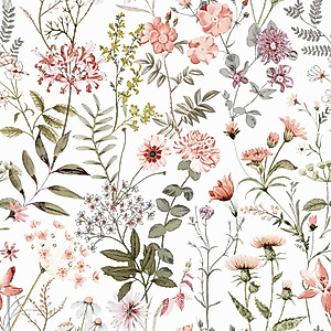 VEELIKE 17.7''x354'' Peach Pink Wildflowers Floral Wallpaper Mural Peel and Stick Pink Floral Contact Paper for Walls Shelves Nursery Wallpaper Removable Adhesive Floral Vinyl Wallpaper for Bedroom