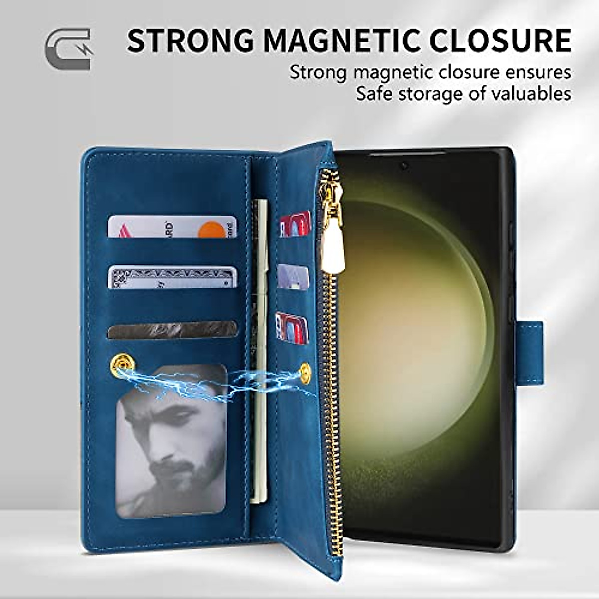 Neiye Compatible with Samsung Galaxy S23 Ultra Wallet Case with RFID Blocking Zipper Card Slots Stand Protective Flip Splicing PU Leather Phone Cover for S23 Ultra Case Wallet(6.8 inch-Blue)