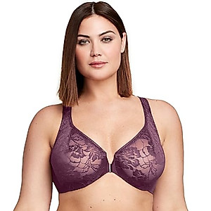 Glamorise Full Figure Plus Size Lacey T-Back Front-Closure Wonderwire Bra Underwire #9246 Black Plum