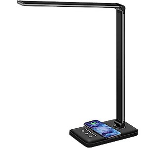 mchatte LED Desk Lamp with Wireless Charger, USB Charging Port, Dimmable Eye-Caring Desk Light with 5 Brightness Levels & 5 Lighting Modes, Touch Control, Auto Timer (Black)